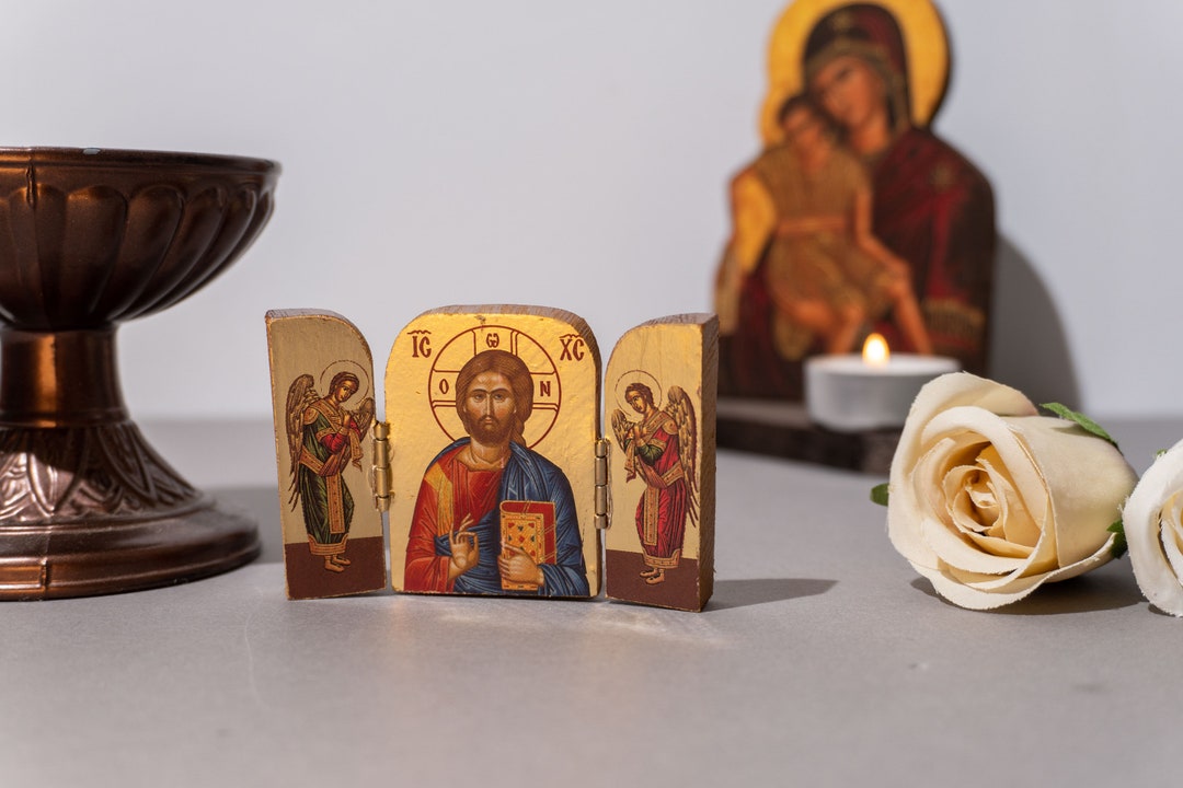 Miniature Carved Wood Triptych Icons With Jesus Christ, Greek Orthodox Icon Triptych, Home Decor ...