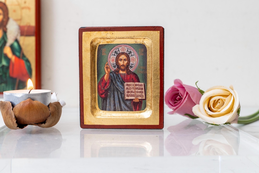 Jesus Christ Icon the Blessing in Small Wooden Handmade Icon Aging ...