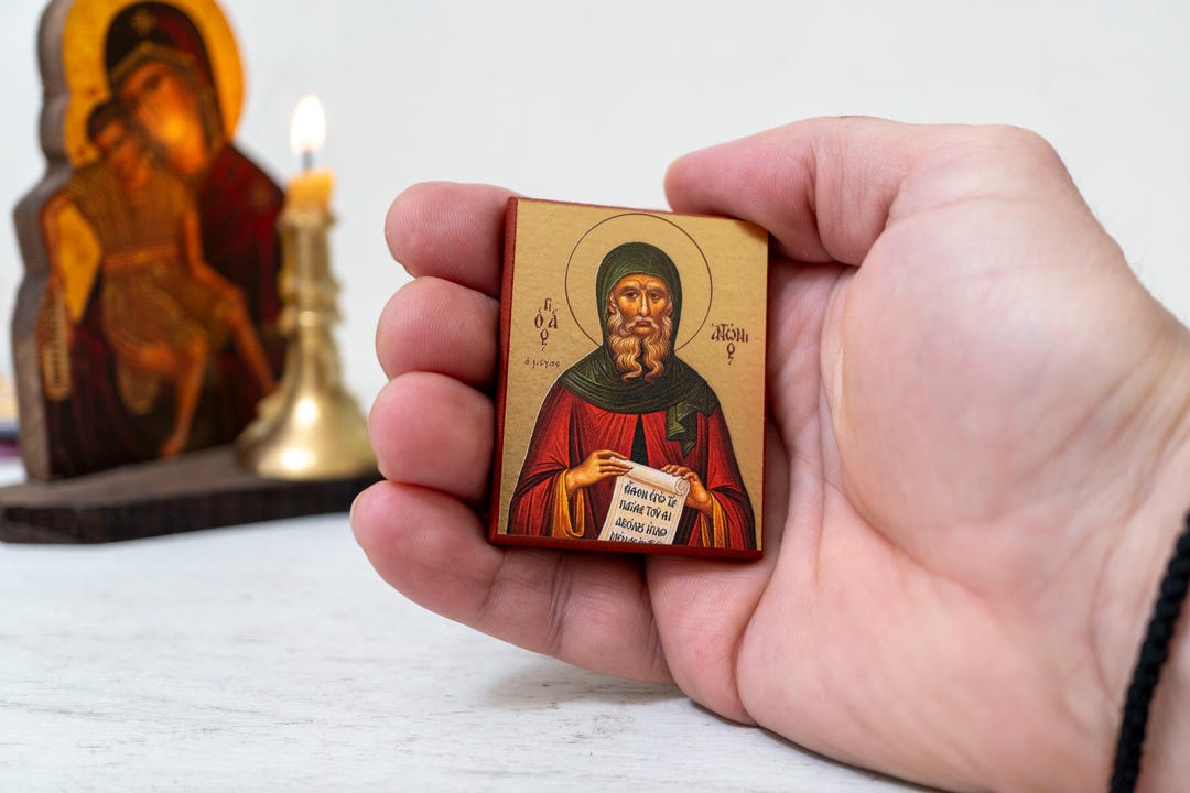 Pocket Wooden Christian Icon With Saint Antony (Αγιος Αντωνιος) in ...