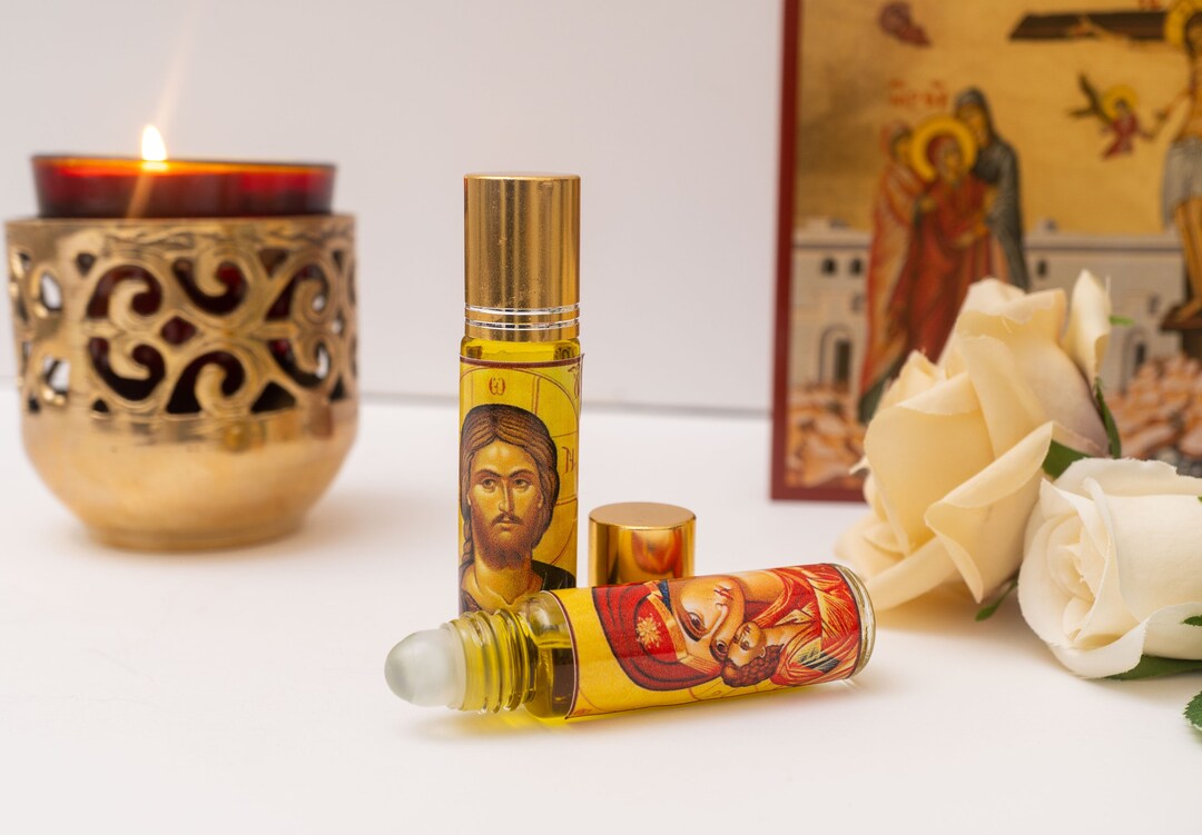 Set of 2 Myrrh Anointing Oil From Mount Athos Icon of Virgin Mary and ...