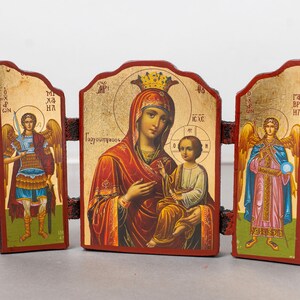 Triptych Christian Icon of Virgin Mary (gorgoipikoos) and Archangels With Aging Technique ...