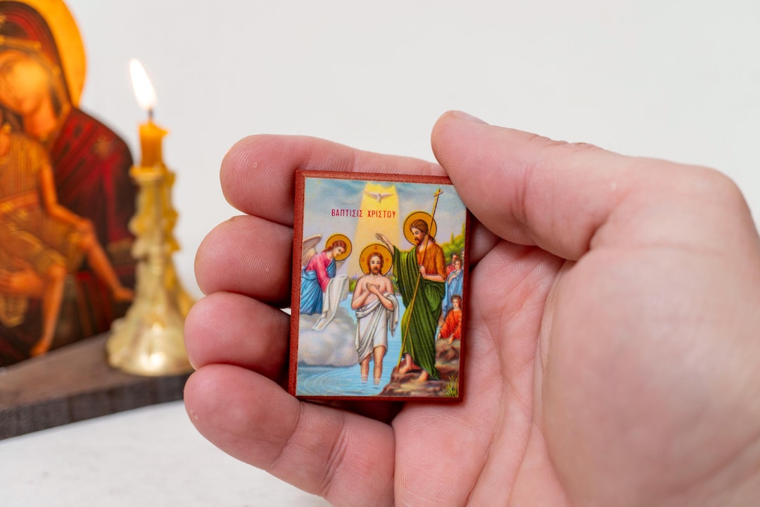Small Wooden Christian Icon With the Baptism of Jesus Christ in Premium ...