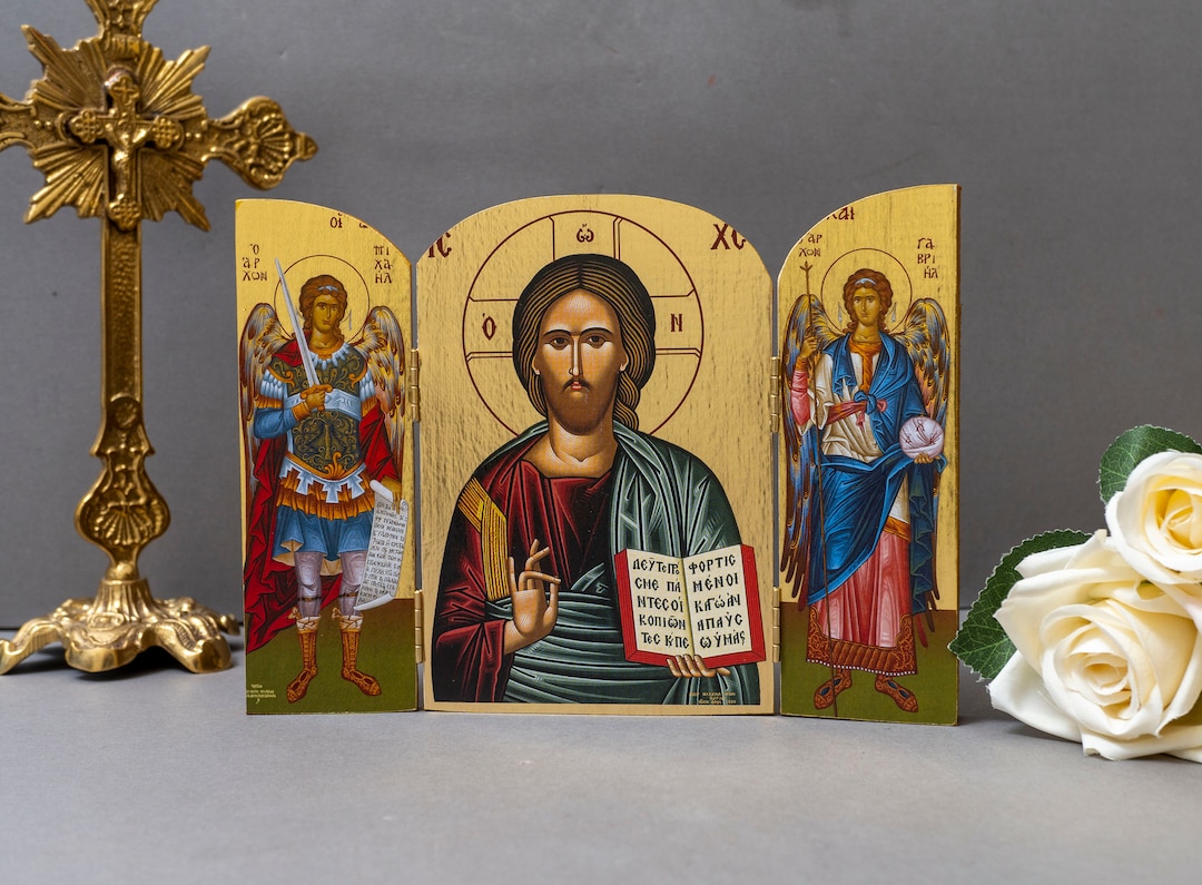 Triptych Orthodox Icon Wooden Carved With Jesus Christ (the Blessing) and the Archangels ...