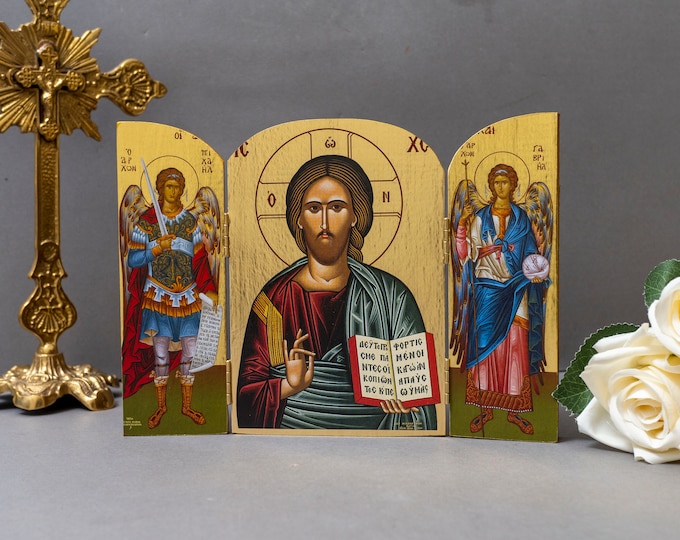 Mini Triptych Orthodox Icon, Jesus With the Archangels Bookshelf ...