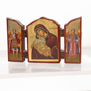 Triptych Christian Icon of Virgin Mary and Archangels With Aging Technique on a Gold Leaf With ...