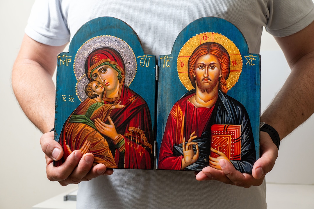 Exquisite Big Wooden Diptych Icon With the Jesus Christ and Holy ...