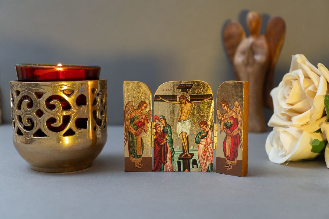 Triptych Orthodox Table Icon,with the Crucifixion of Jesus Christ and ...