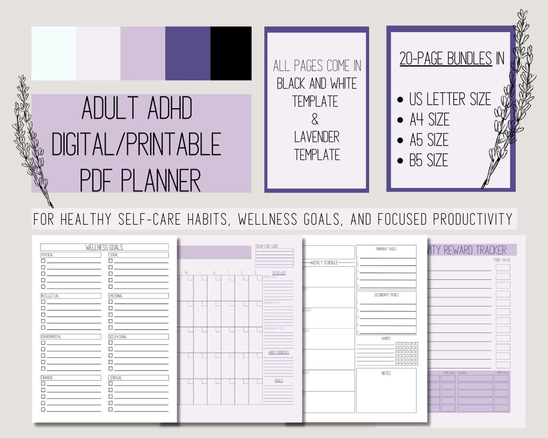 Adult ADHD Digital Printable Planner PDF for Healthy Self-care Habits ...