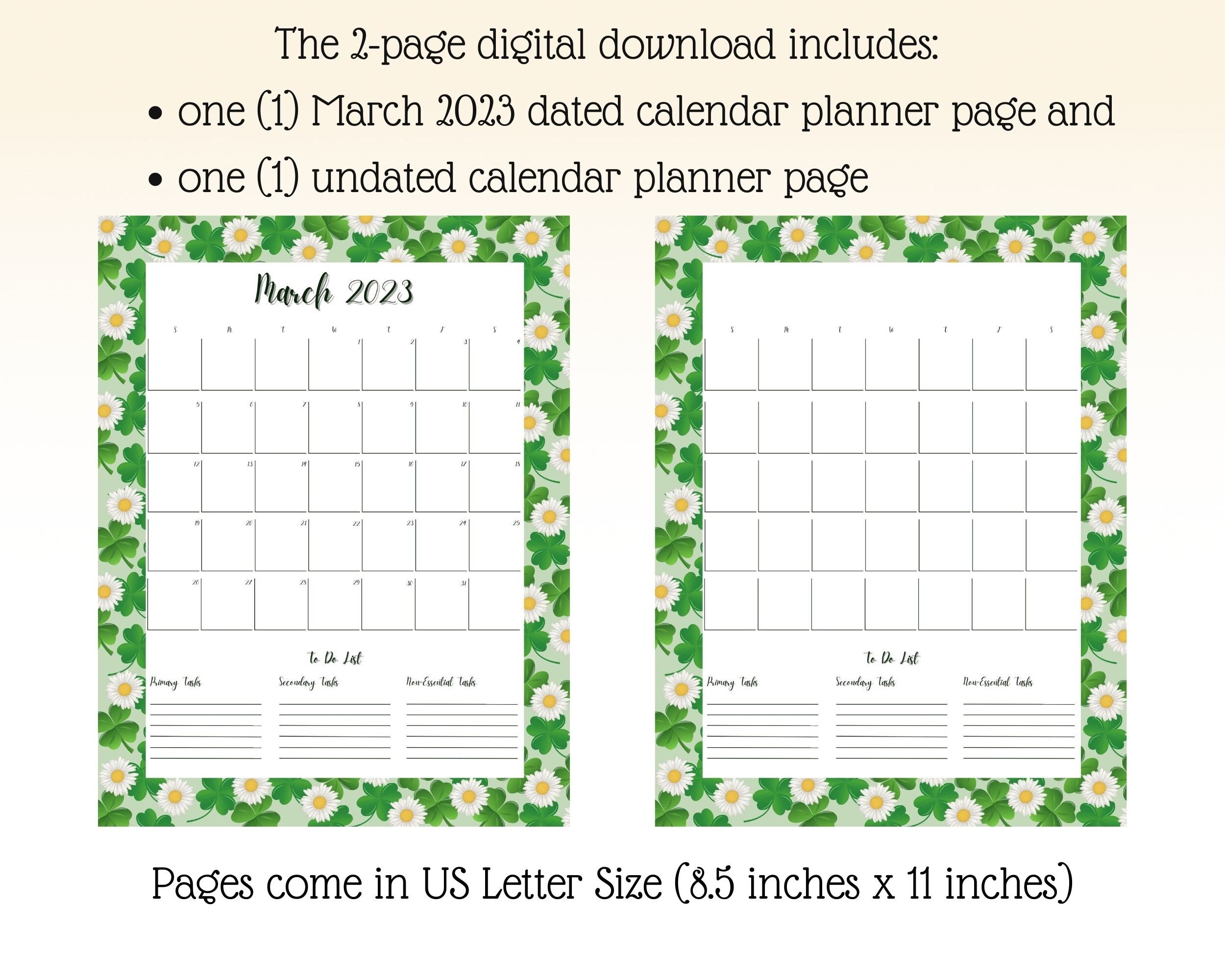 Digital/printable Theme Calendar for March Dated and Undated; Simple ...