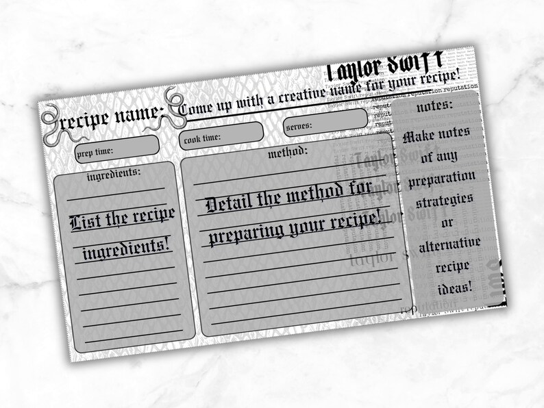 Reputation Era Inspired Printable Recipe Card Template | DIY Baking ...