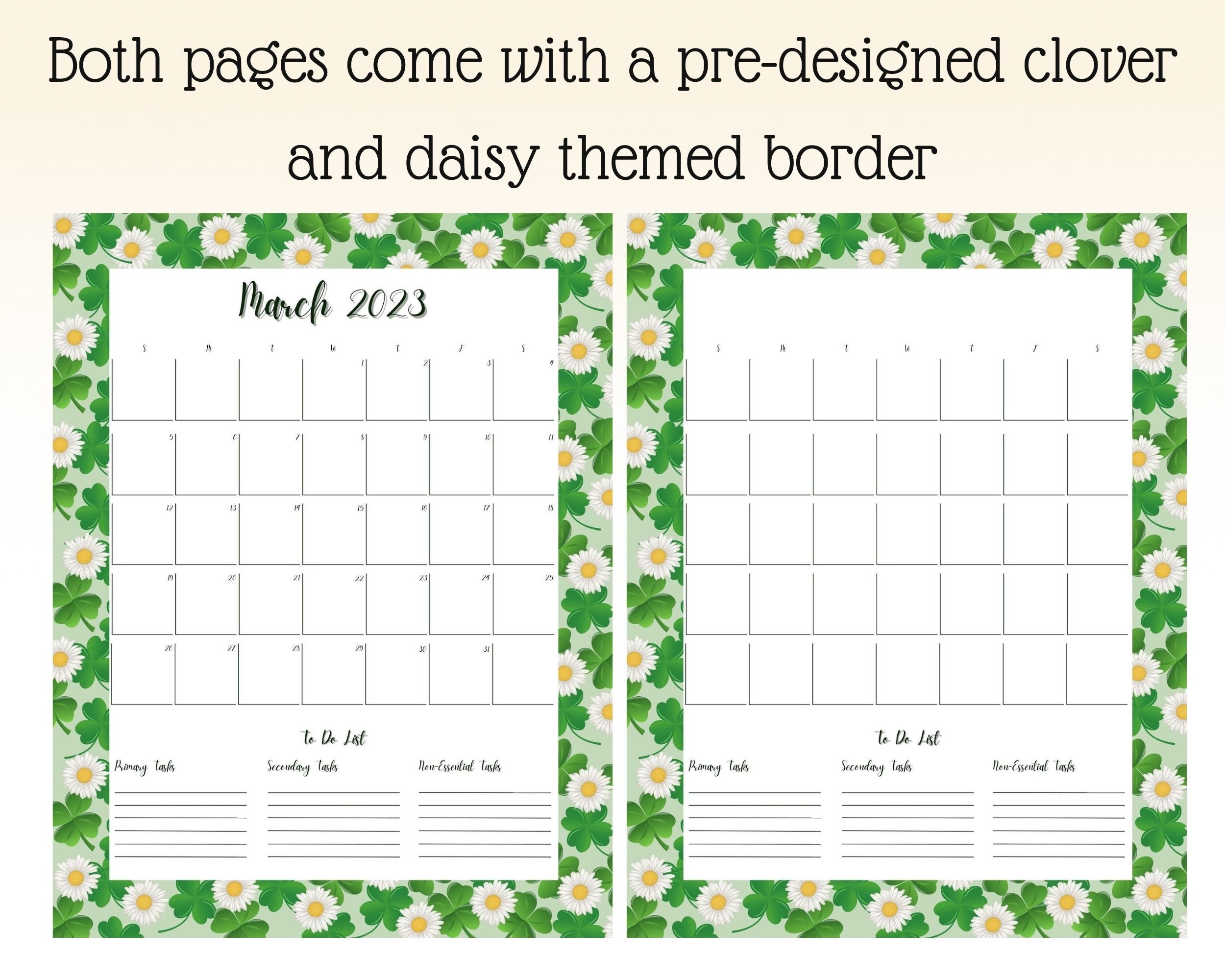 Digital/printable Theme Calendar for March Dated and Undated; Simple ...