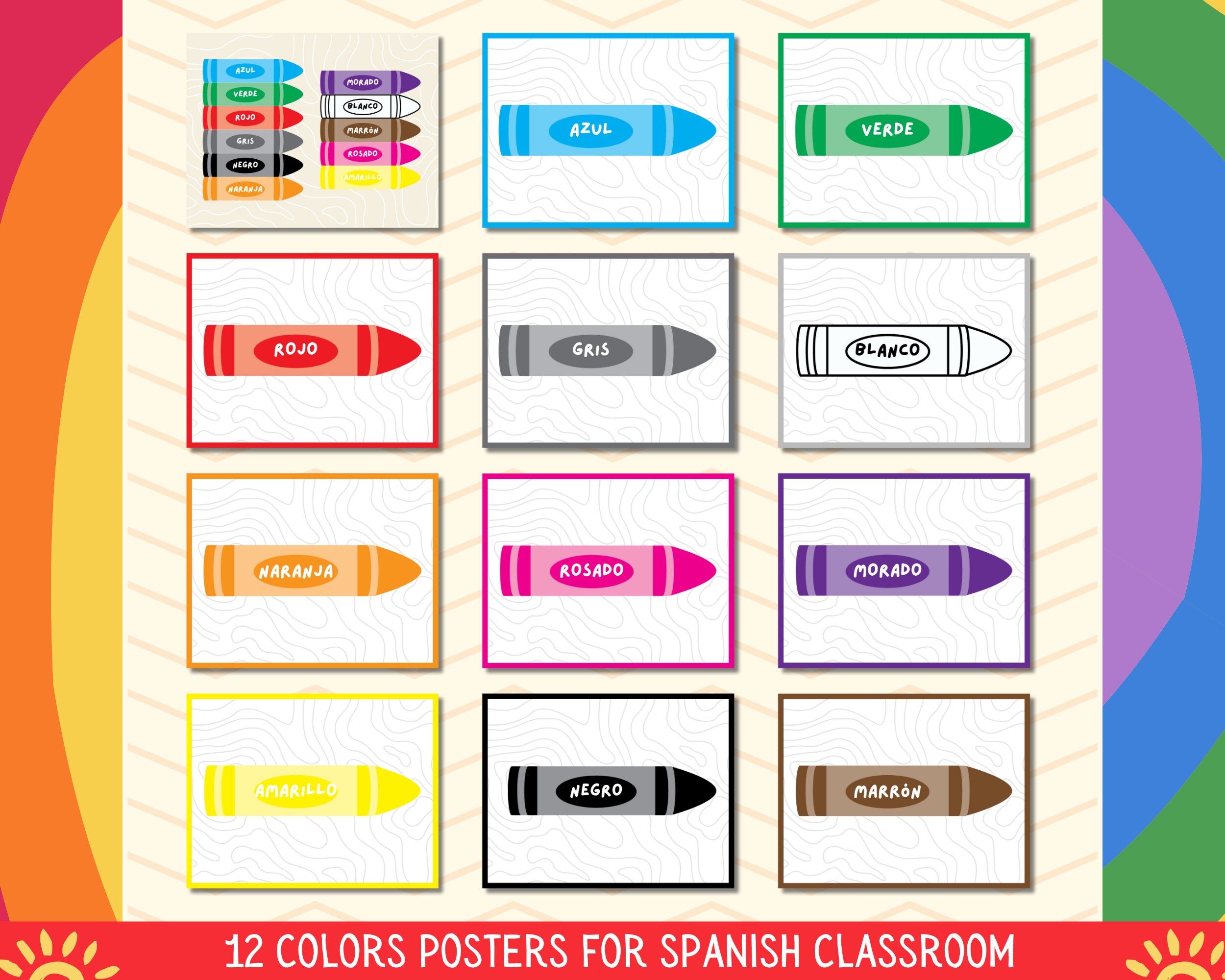 Spanish Colors Crayon Poster Set, Educational Wall Art Decor, Bilingual ...