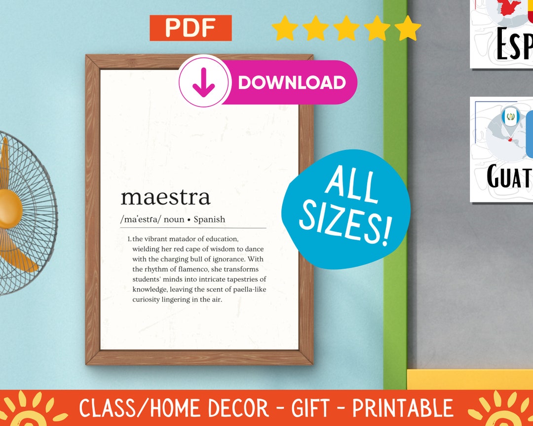 Maestra Definition Wall Art, Spanish Classroom Decoration, Bilingual ...