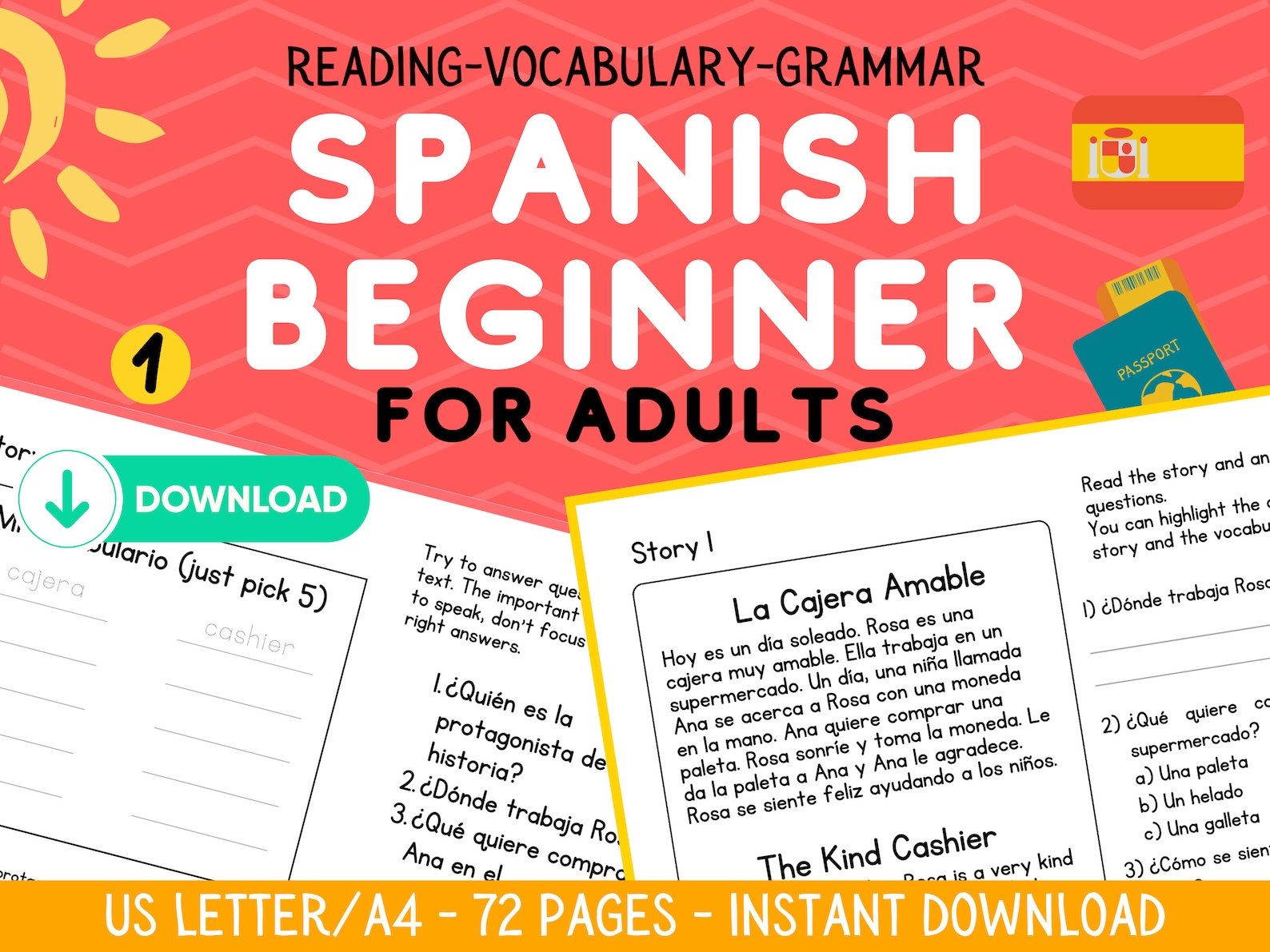 Spanish Beginner Worksheet Bundle, Stories With Vocabulary, Printable ...