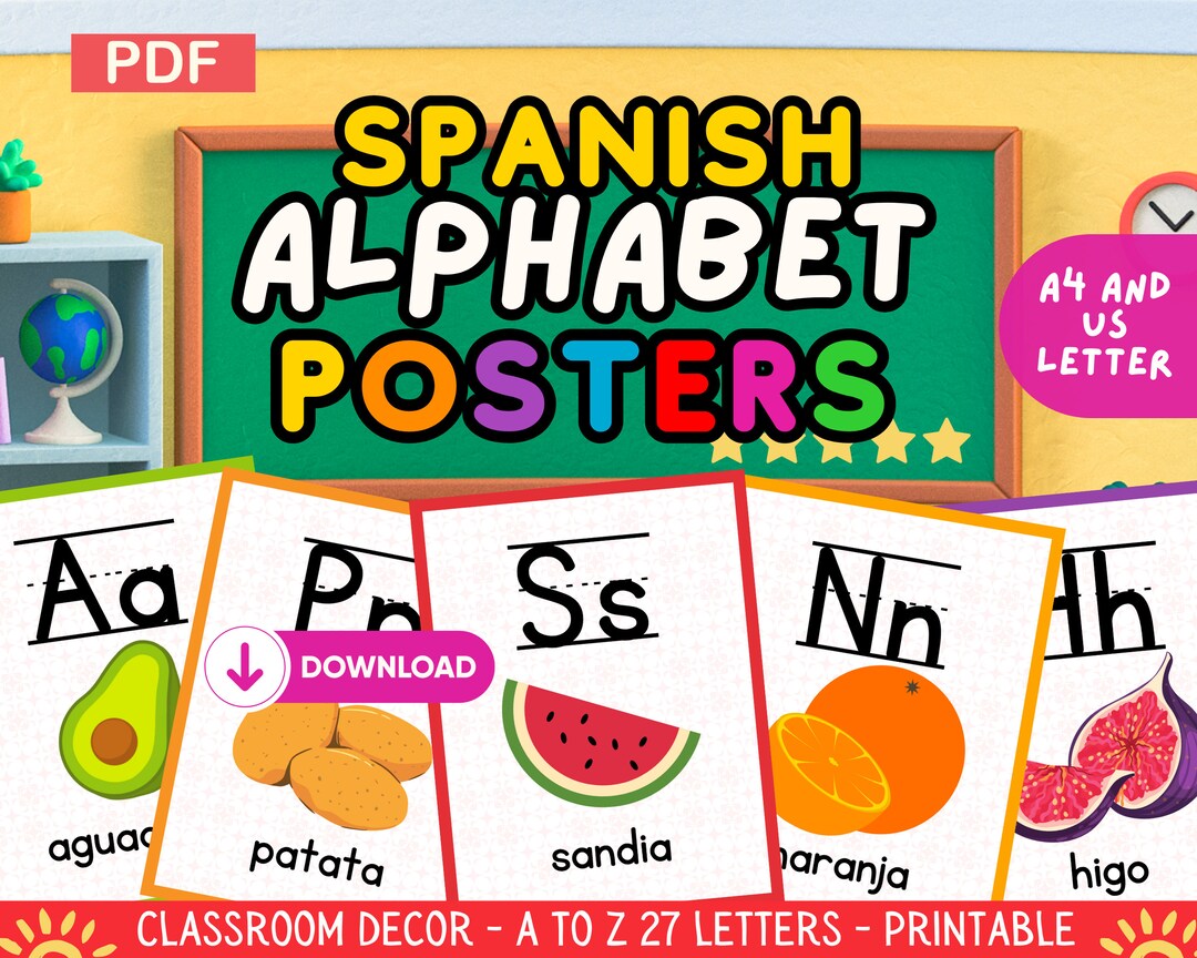 Spanish Alphabet Classroom Poster Set, Fruits&vegetables, Educational ...