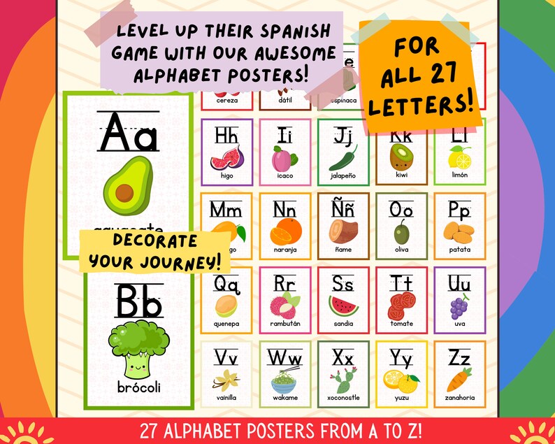 Spanish Alphabet Classroom Poster Set, Fruits&vegetables, Educational ...