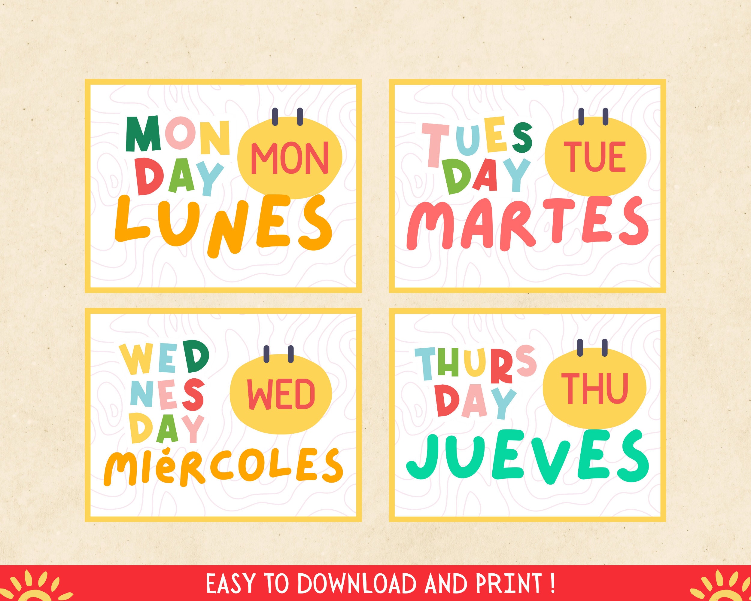 Spanish Days of the Week Classroom Poster Set, Educational Wall Art ...