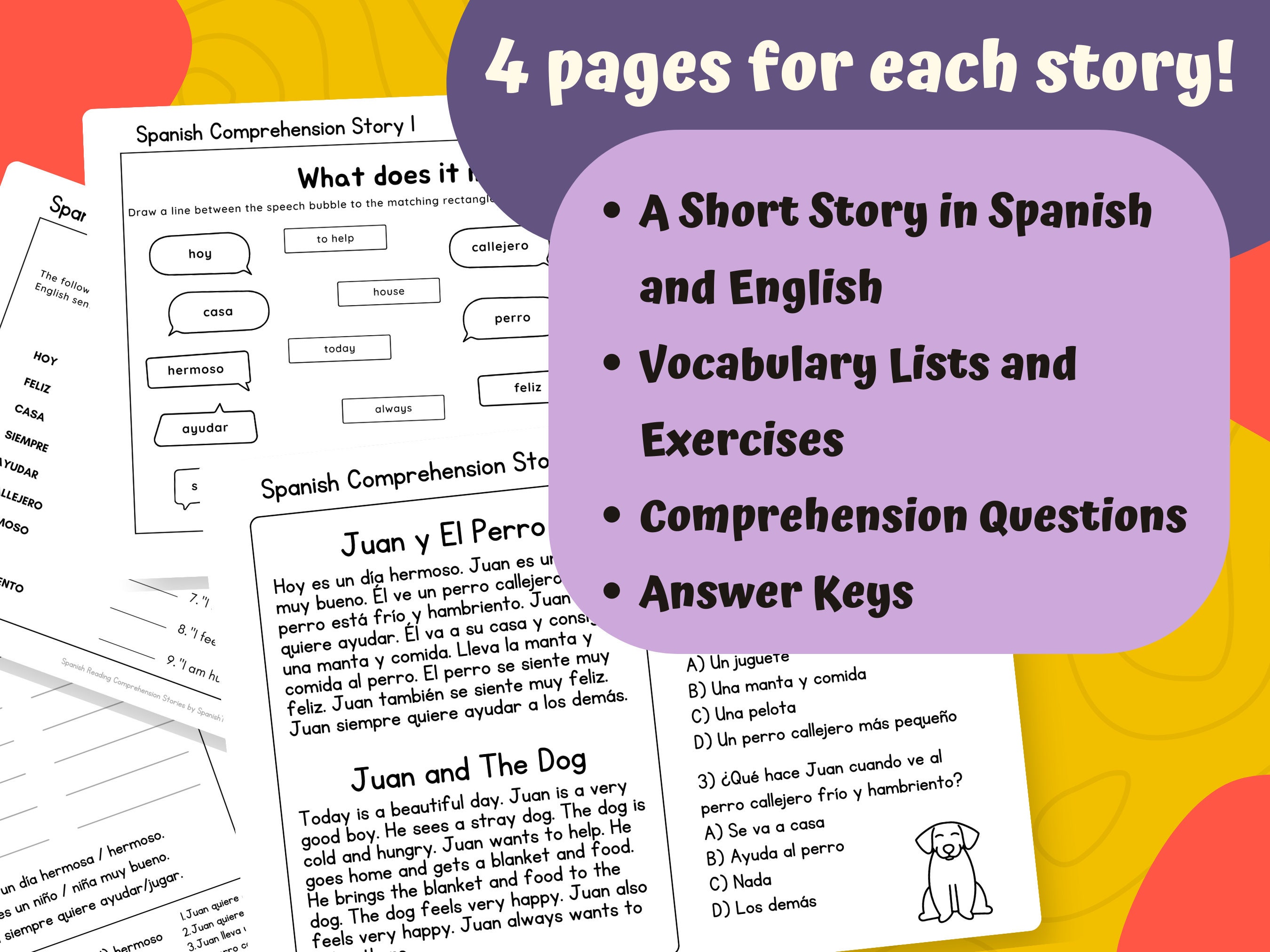 Spanish Beginner Worksheet Bundle, Stories With Vocabulary, Printable ...
