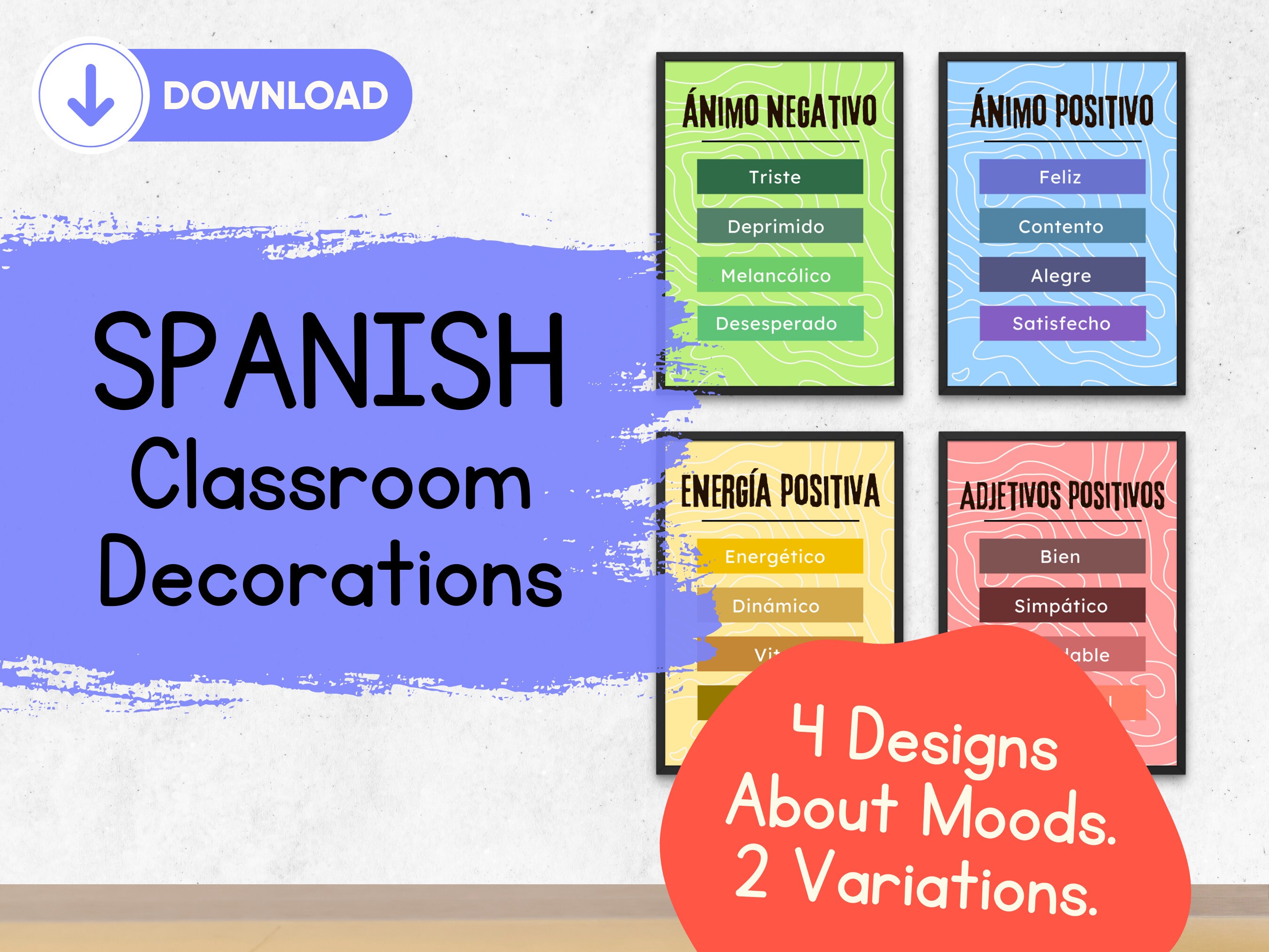 Spanish Classroom Printable Poster Set- Moods&adjectives -educational ...