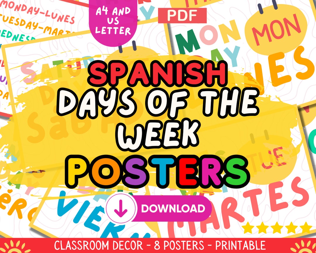 Spanish Days of the Week Classroom Poster Set, Educational Wall Art ...