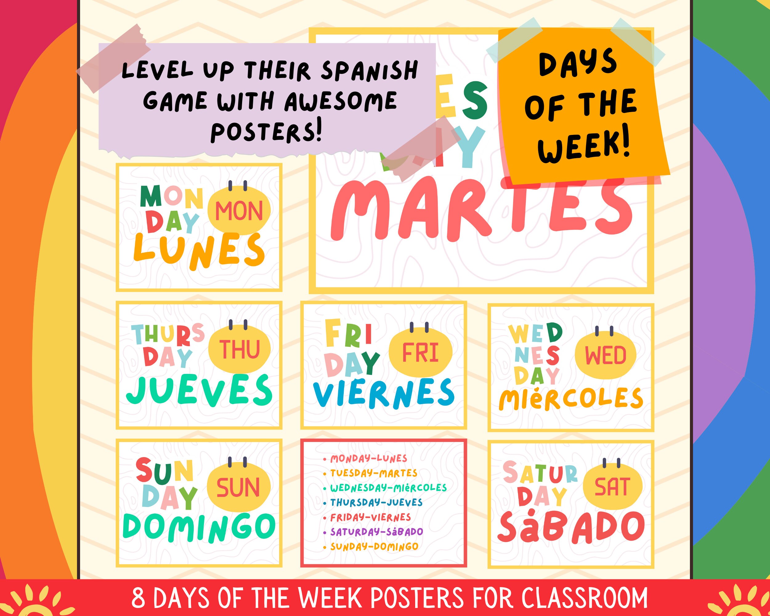 Spanish Days of the Week Classroom Poster Set, Educational Wall Art ...