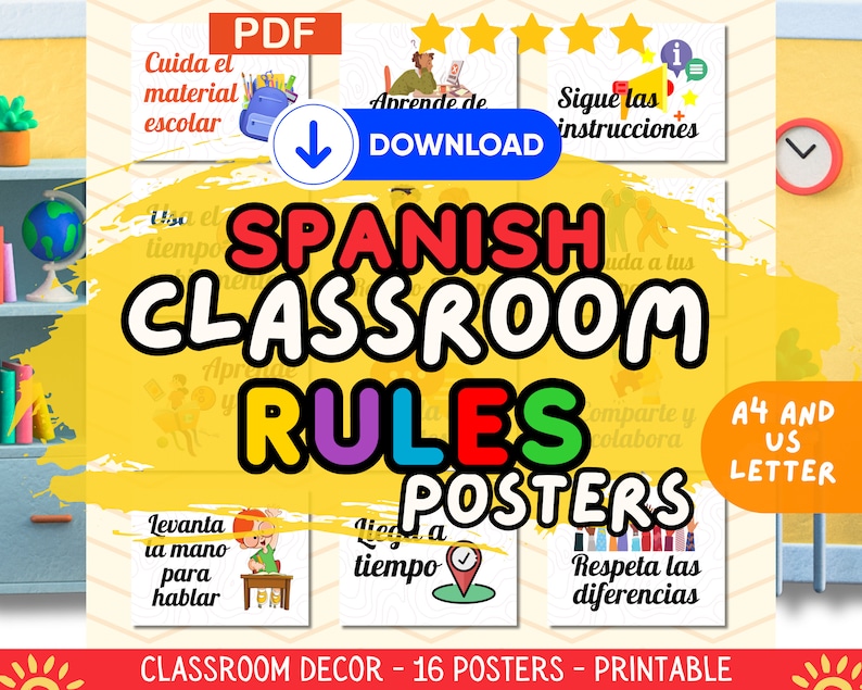 Spanish Classroom Rules Poster Set, Educational Wall Art Decor ...