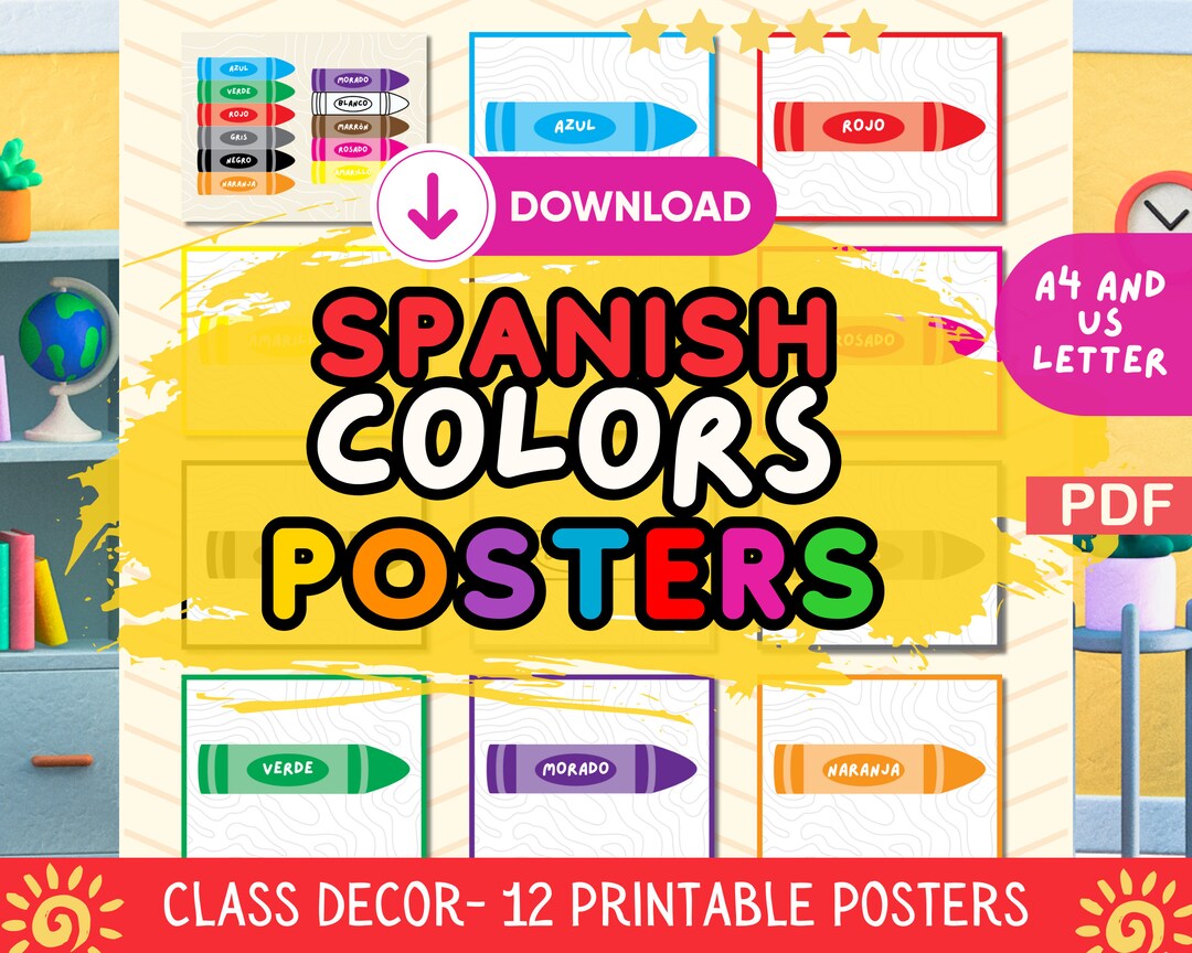 Spanish Colors Crayon Poster Set, Educational Wall Art Decor, Bilingual ...