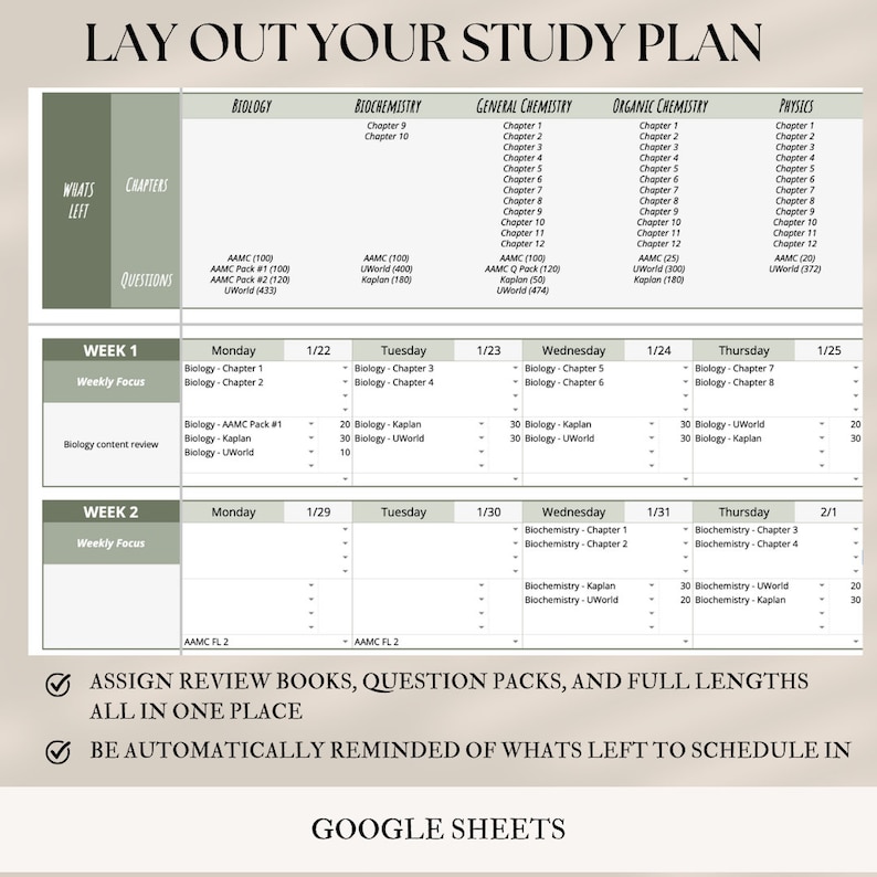 MCAT Study Schedule Planning Spreadsheet | MCAT Study Tracker + Study ...