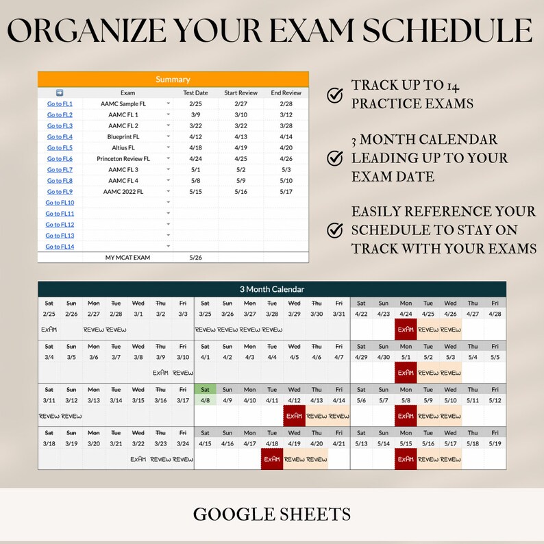 MCAT Full Length Exam Tracking Spreadsheet | Track Practice Exams, Plan ...