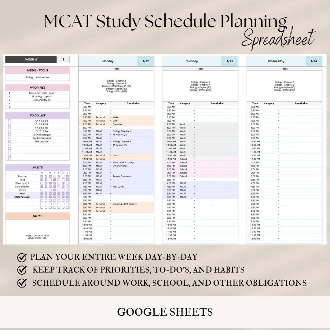 MCAT Study Schedule Planning Spreadsheet | MCAT Study Tracker + Study ...