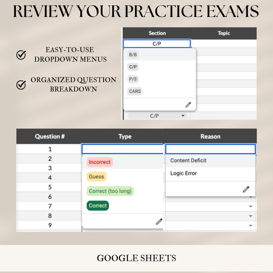 MCAT Full Length Exam Tracking Spreadsheet | Track Practice Exams, Plan ...