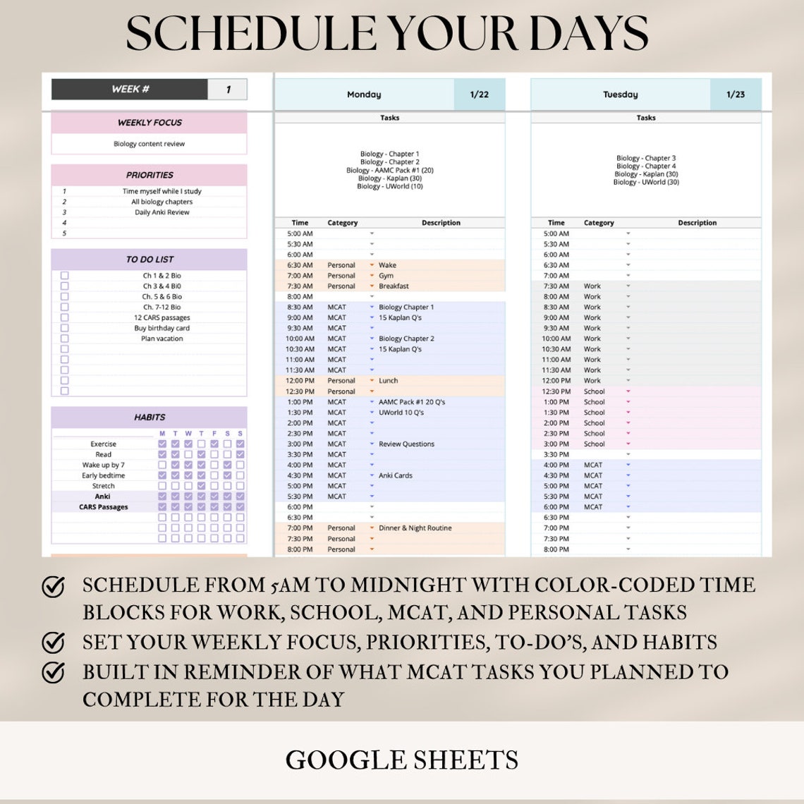MCAT Study Schedule Planning Spreadsheet | MCAT Study Tracker + Study ...