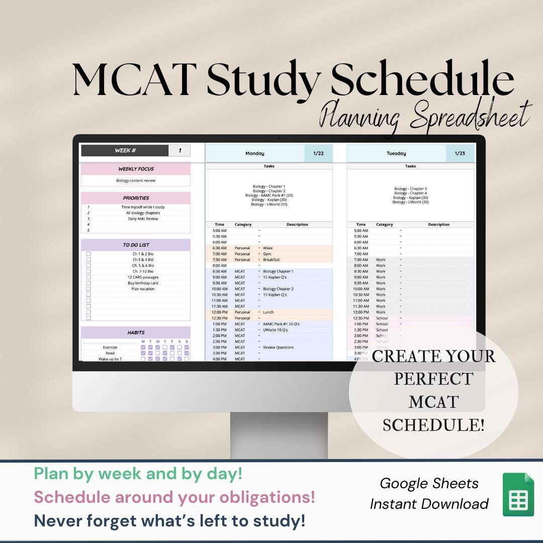 MCAT Study Schedule Planning Spreadsheet | MCAT Study Tracker + Study ...