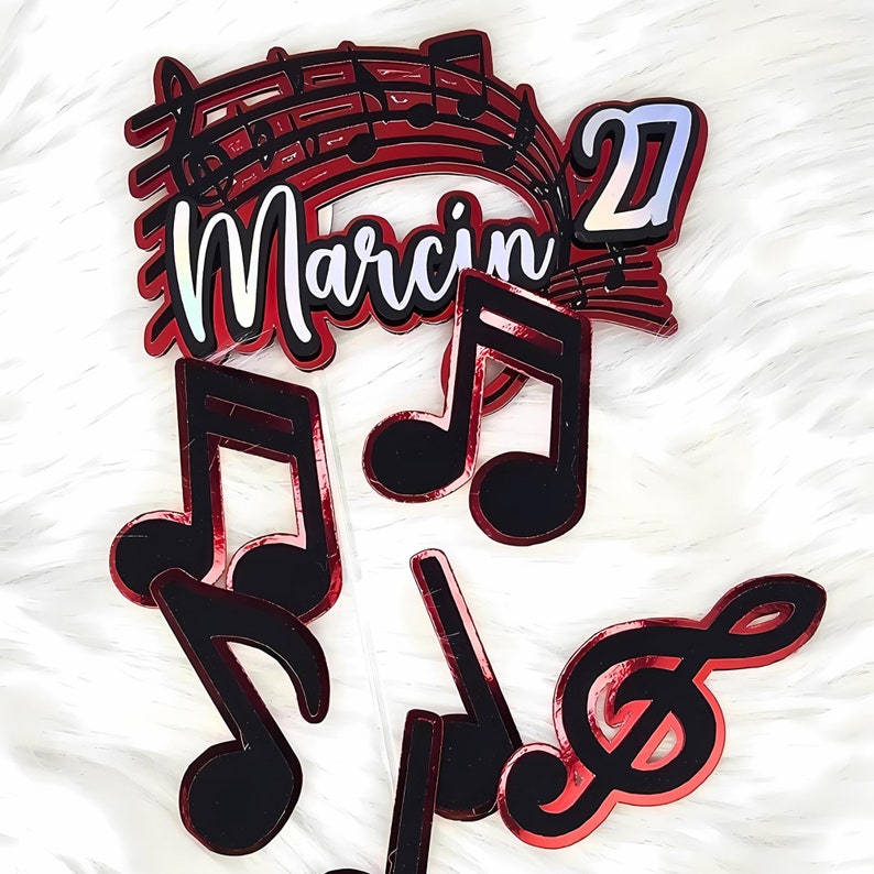 Music Notes Cake Topper, Musical Notes Decoration, Red & Black Music ...