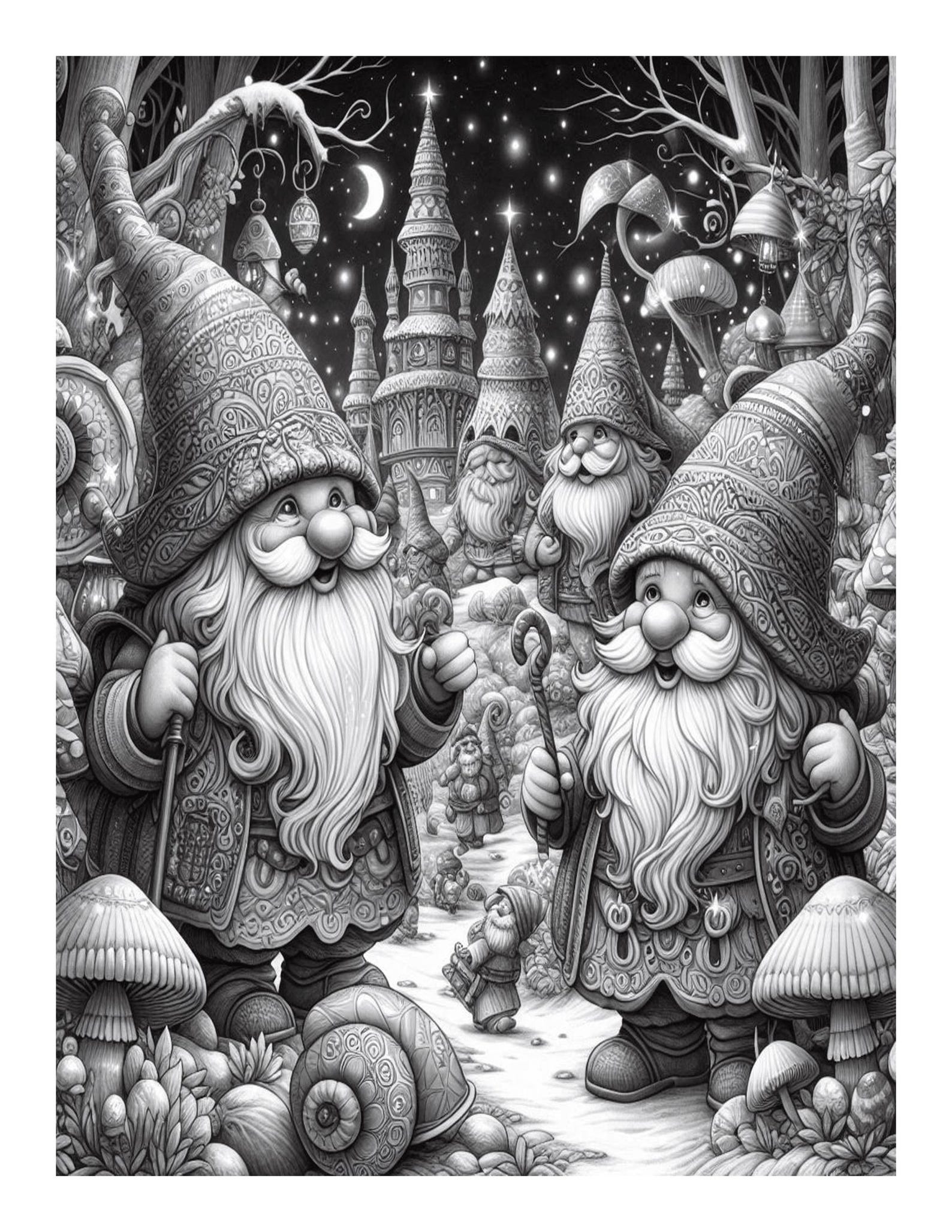 Grayscale Gnomes Coloring Pages: Magical Wonderland for Adults ...