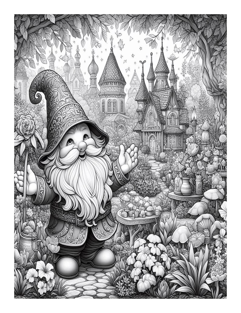 Grayscale Garden Gnomes Coloring Pages for Adults (printable) - Etsy