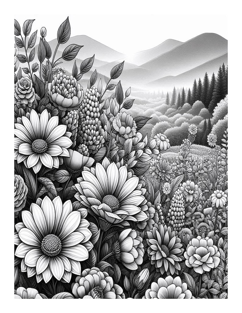 Grayscale Flower Garden Coloring Pages for Adults: Stress Relief ...