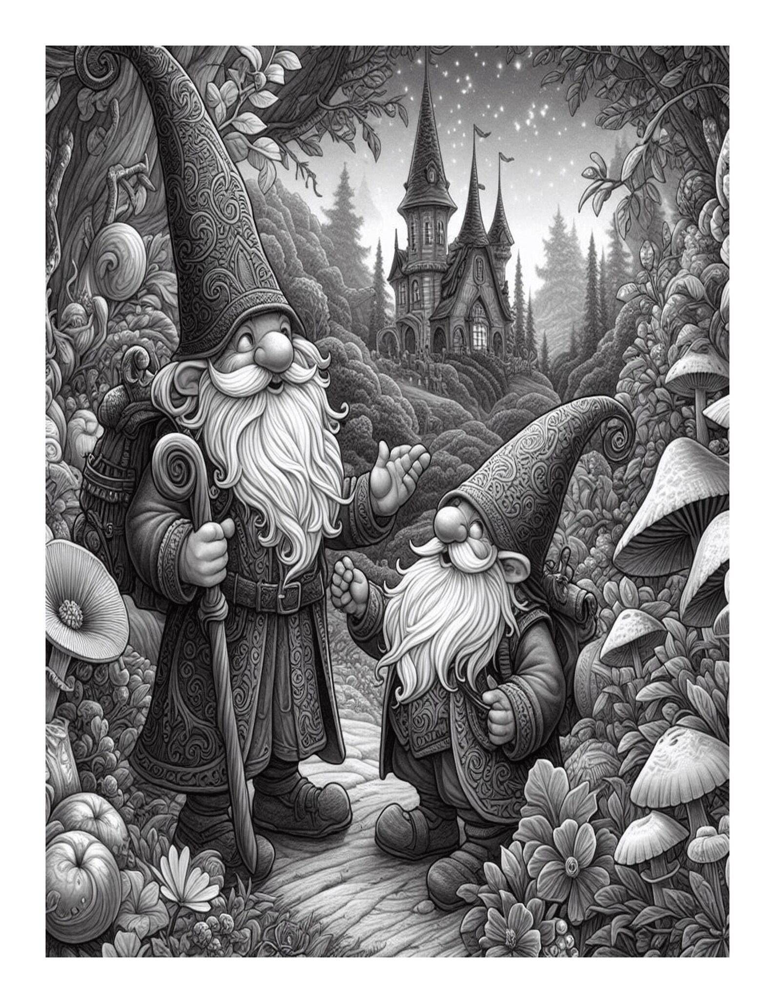 Grayscale Gnomes Coloring Pages: Magical Wonderland for Adults ...