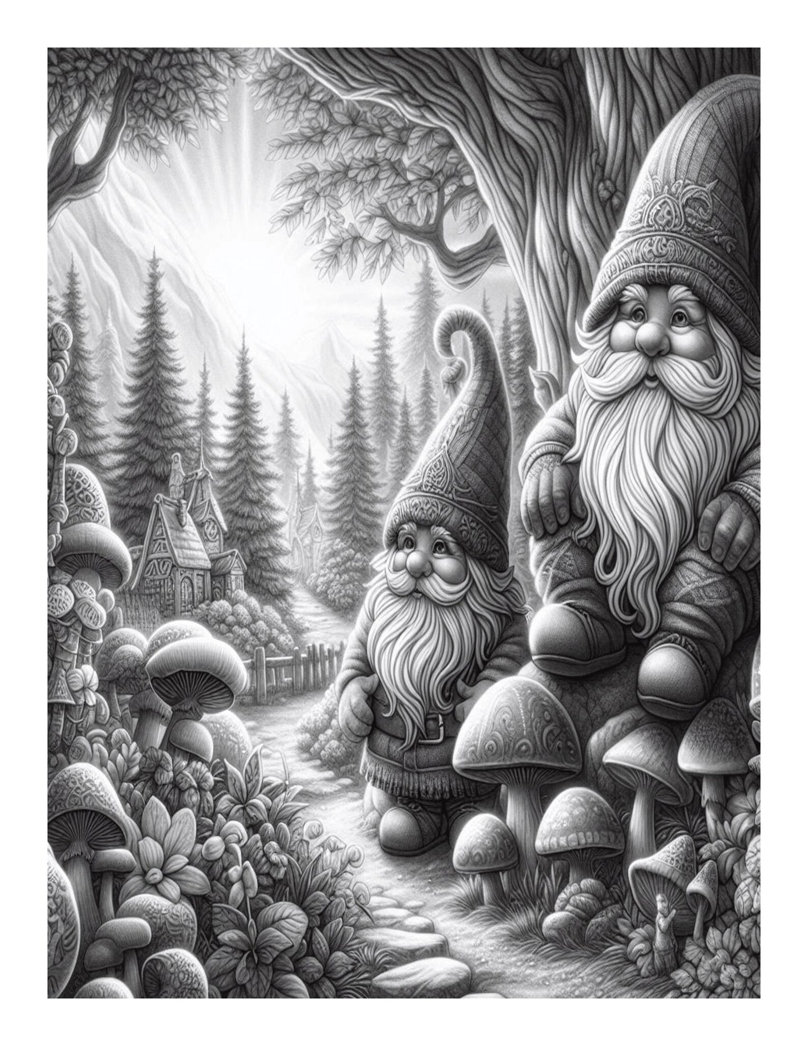 Grayscale Gnomes Coloring Pages: Magical Wonderland for Adults ...
