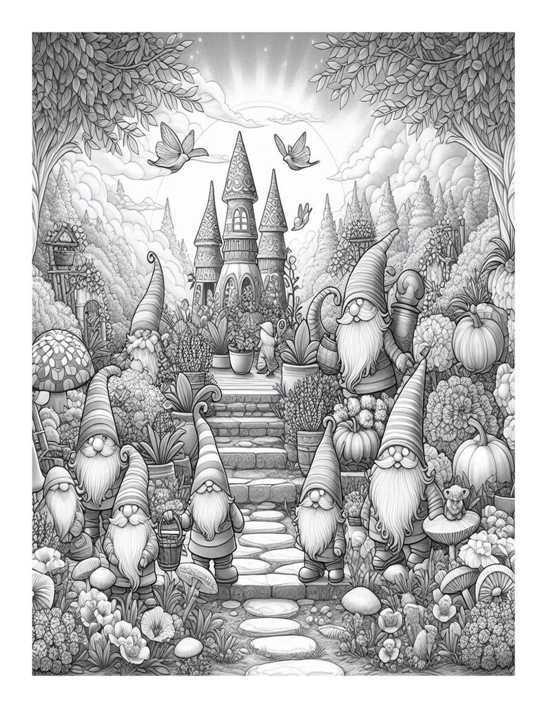 Grayscale Garden Gnomes Coloring Pages for Adults (printable) - Etsy