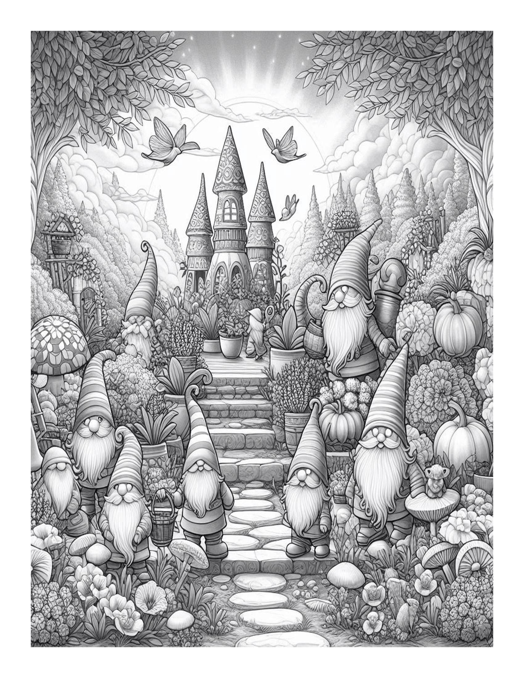 Grayscale Garden Gnomes Coloring Pages for Adults (printable) - Etsy