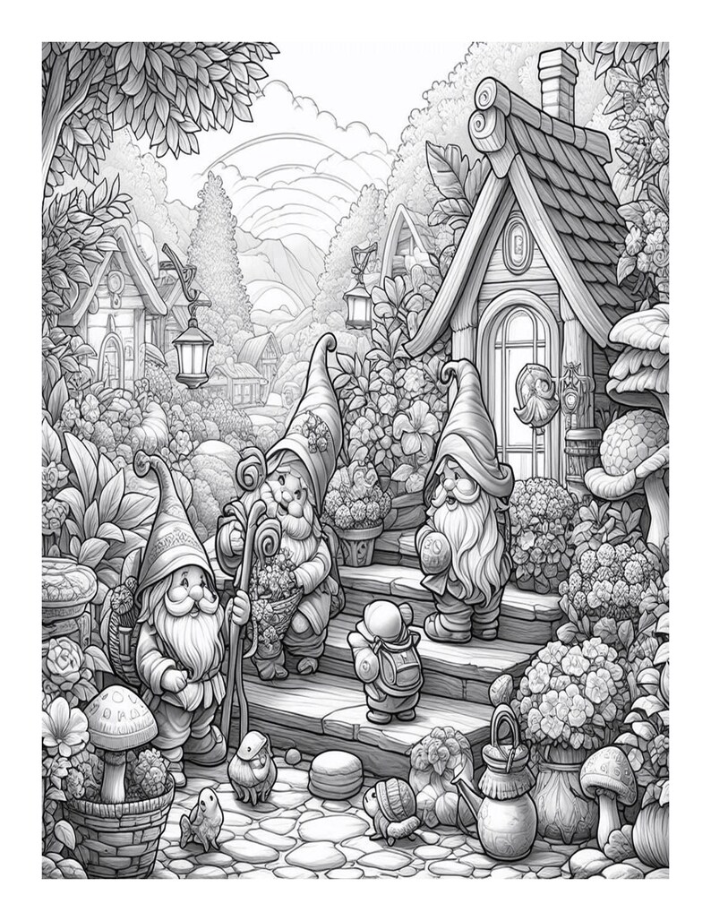 Grayscale Garden Gnomes Coloring Pages for Adults (printable) - Etsy