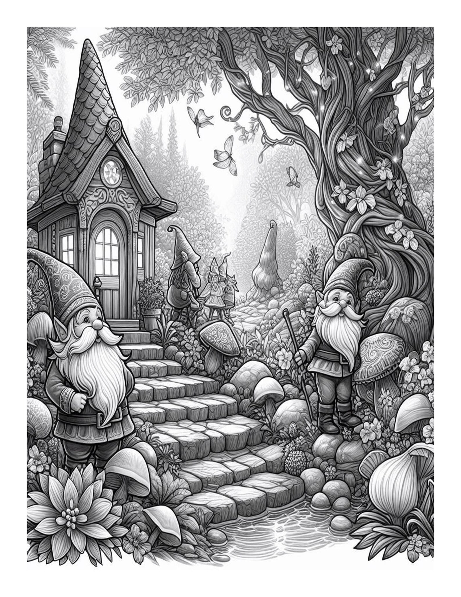 Grayscale Garden Gnomes Coloring Pages for Adults (printable) - Etsy