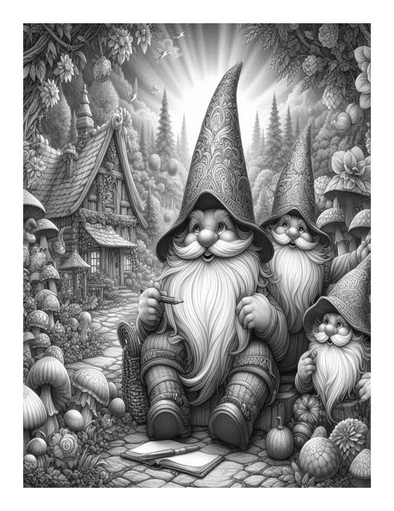 Grayscale Gnomes Coloring Pages: Magical Wonderland for Adults ...