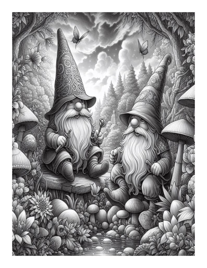 Grayscale Gnomes Coloring Pages: Magical Wonderland for Adults ...