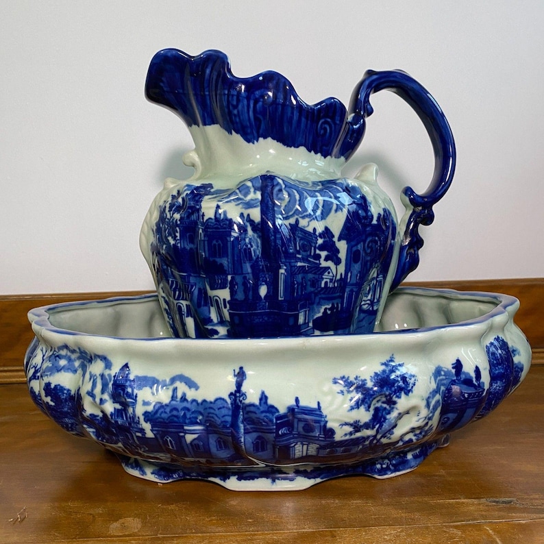 Vintage Victoria Ware Ironstone Flow Blue Pattern Water Pitcher & Basin ...