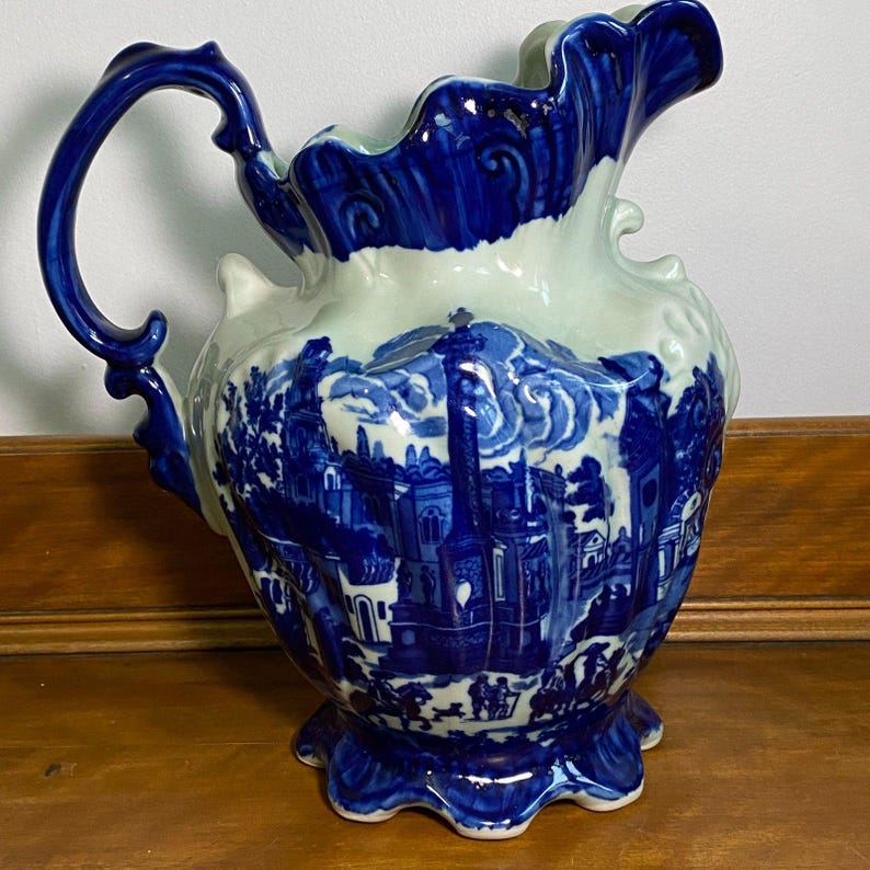 Vintage Victoria Ware Ironstone Flow Blue Pattern Water Pitcher & Basin ...
