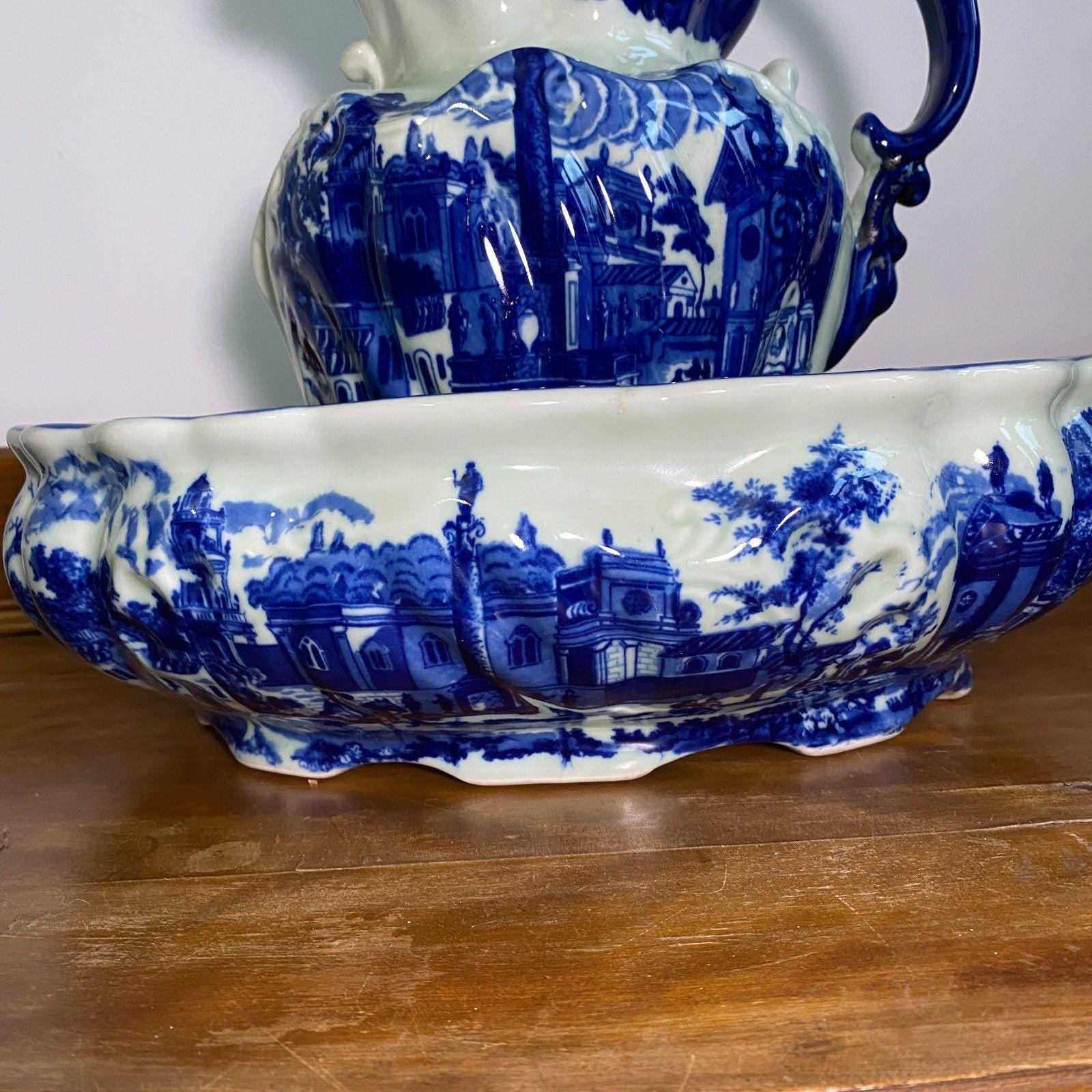 Vintage Victoria Ware Ironstone Flow Blue Pattern Water Pitcher & Basin ...