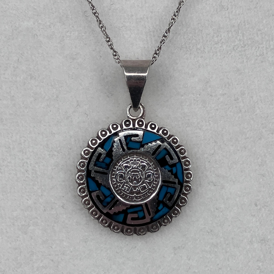 Vintage Mexican Mayan Aztec Calendar Pendant Necklace | Sterling Silver ...