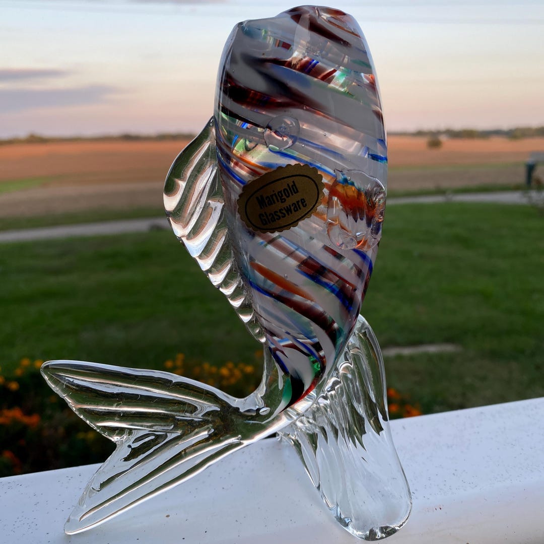 Vintage Marigold Glassware Handblown Fish Figurine Multicolor Swirl ...